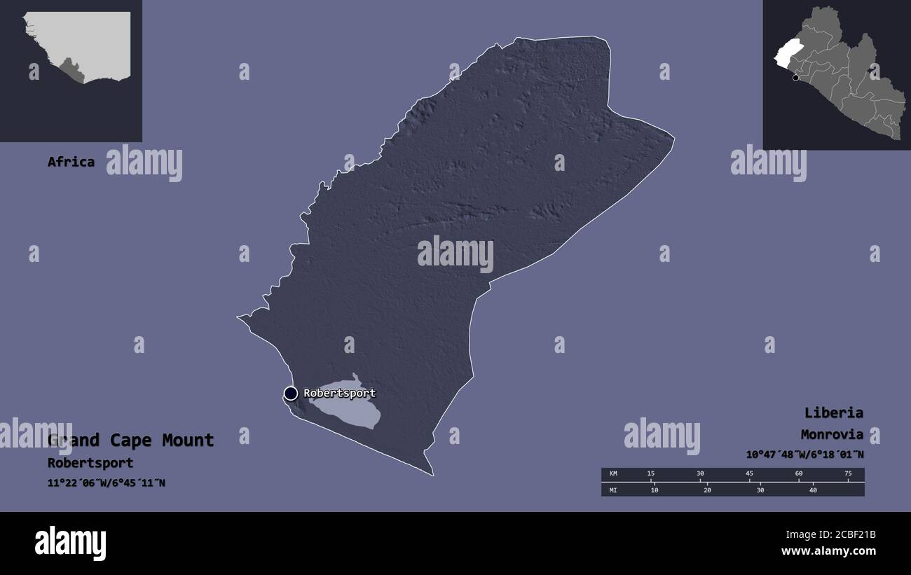 Shape of Grand Cape Mount, county of Liberia, and its capital. Distance ...