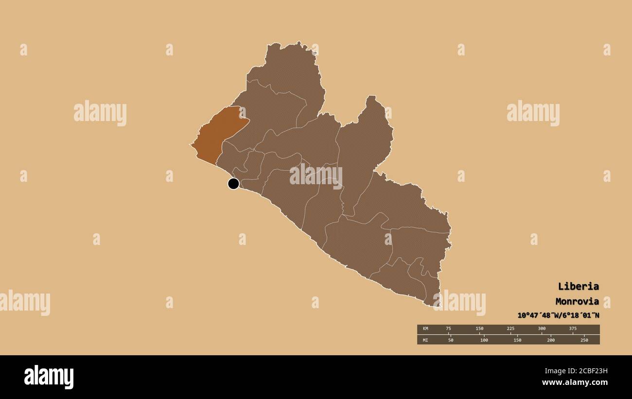 Desaturated shape of Liberia with its capital, main regional division ...