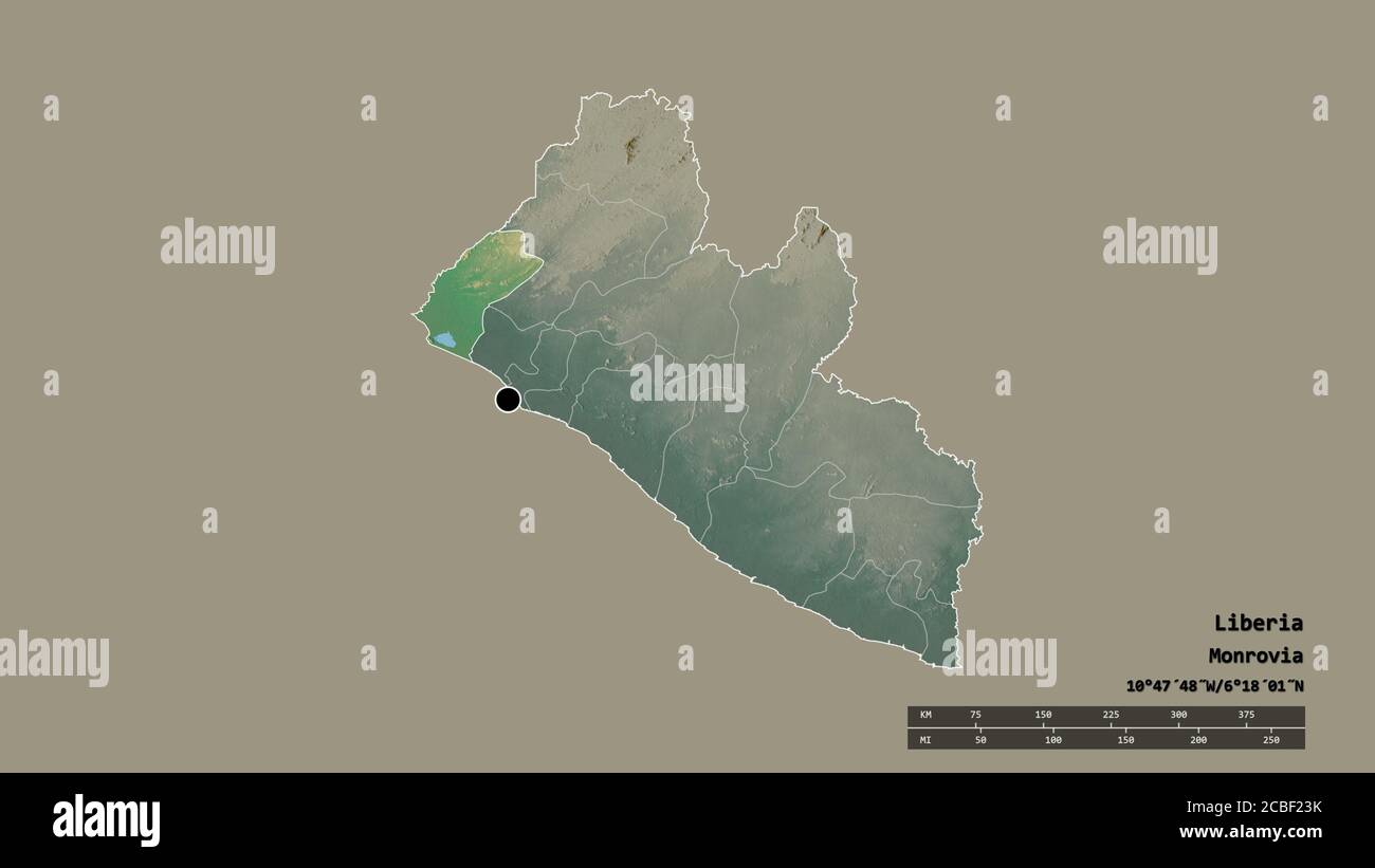 Desaturated shape of Liberia with its capital, main regional division ...
