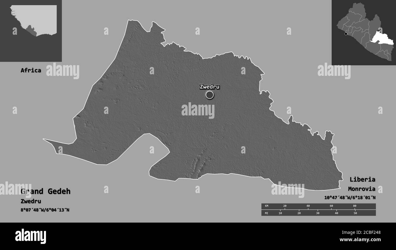 Shape of Grand Gedeh, county of Liberia, and its capital. Distance ...