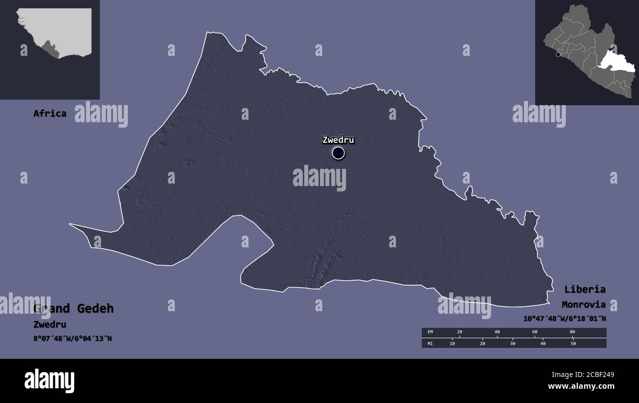 Shape of Grand Gedeh, county of Liberia, and its capital. Distance ...