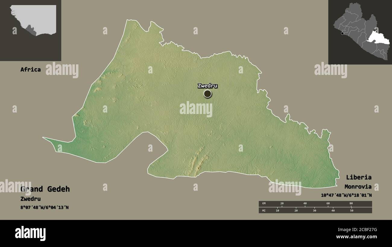Shape of Grand Gedeh, county of Liberia, and its capital. Distance ...