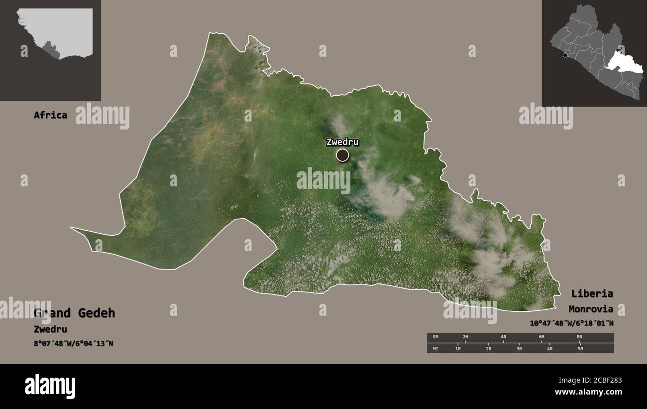 Shape of Grand Gedeh, county of Liberia, and its capital. Distance ...
