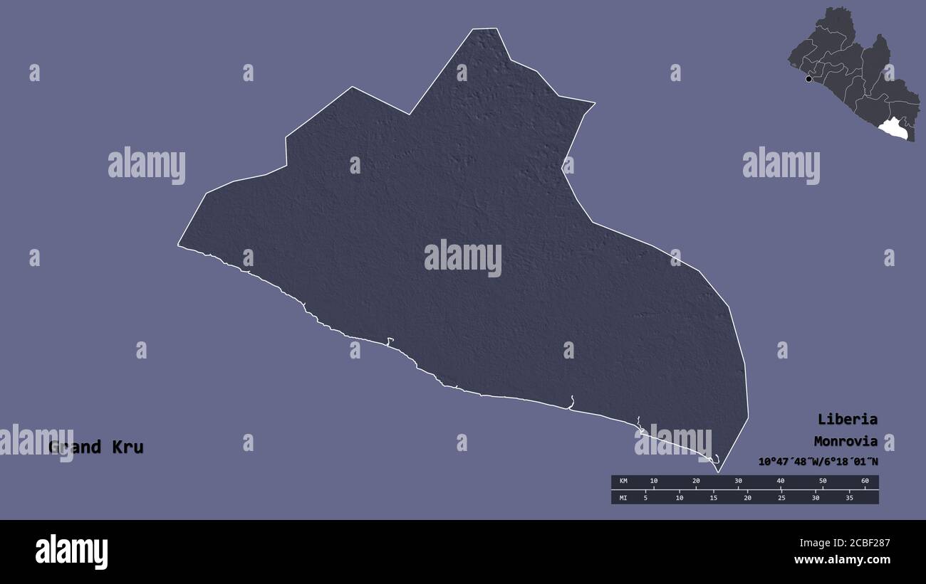 Shape of Grand Kru, county of Liberia, with its capital isolated on ...