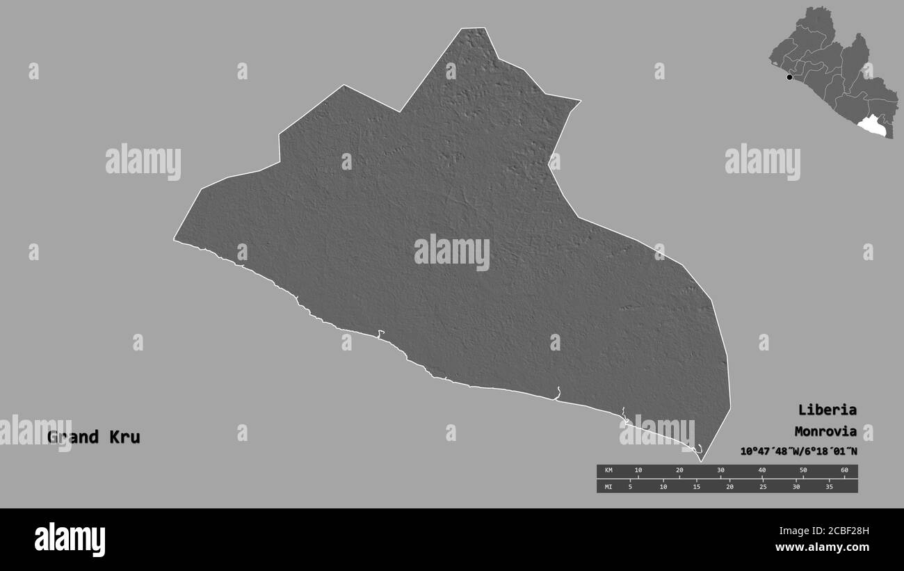 Shape of Grand Kru, county of Liberia, with its capital isolated on ...