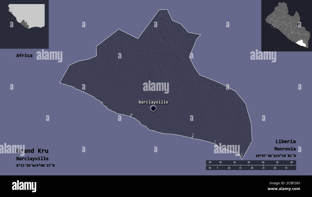 Shape of Grand Kru, county of Liberia, and its capital. Distance scale ...
