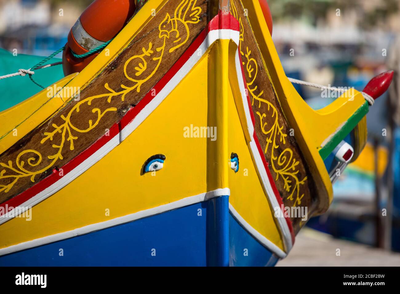 Details of the colourful traditional Maltese fishing boats, the luzzu ...