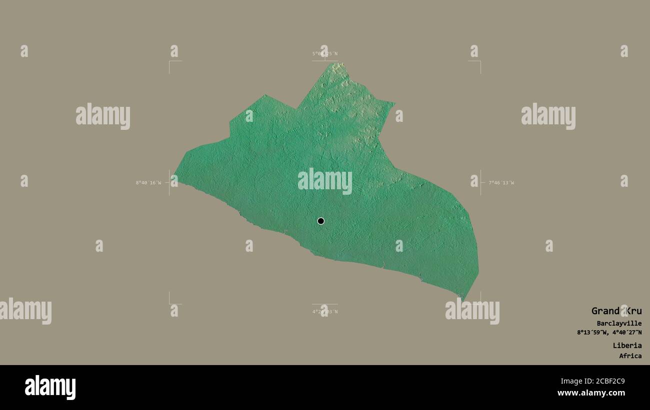 Area of Grand Kru, county of Liberia, isolated on a solid background in ...
