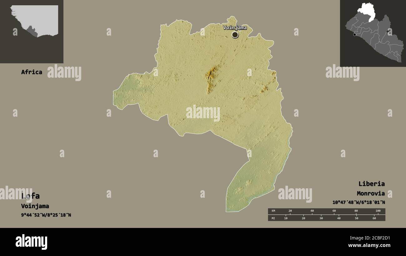 Shape of Lofa, county of Liberia, and its capital. Distance scale ...