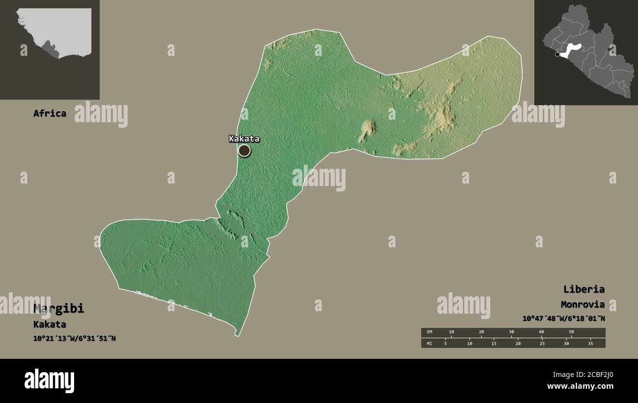 Shape of Margibi, county of Liberia, and its capital. Distance scale ...