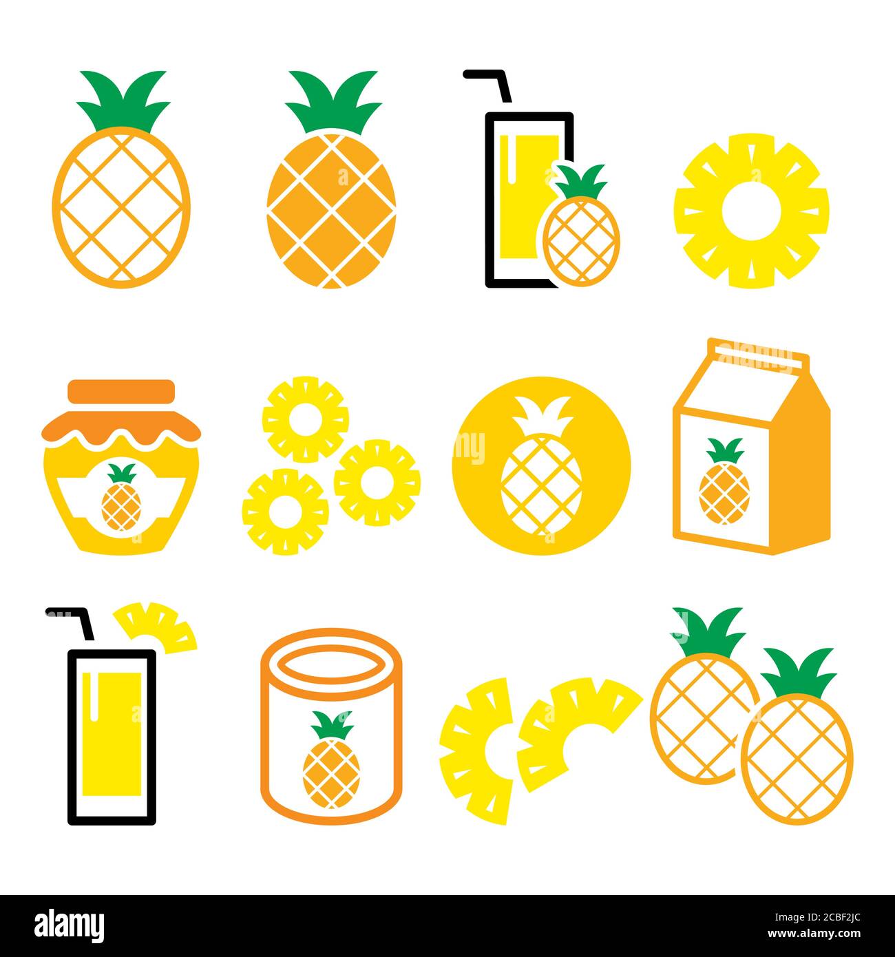 Pineapple fruit, pineapple slices, juice and vector icons set - healthy ...