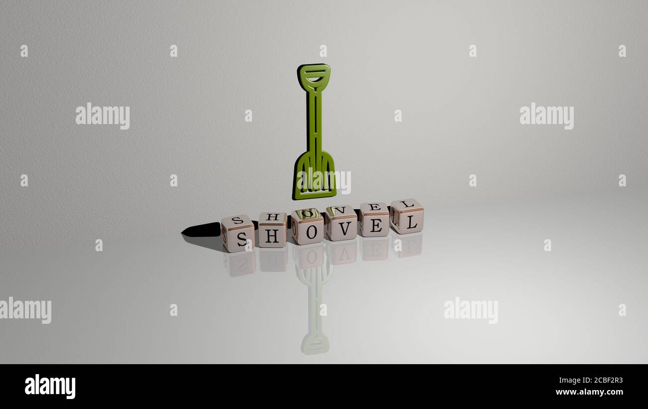 SHOVEL text of cubic dice letters on the floor and 3D icon on the wall ...