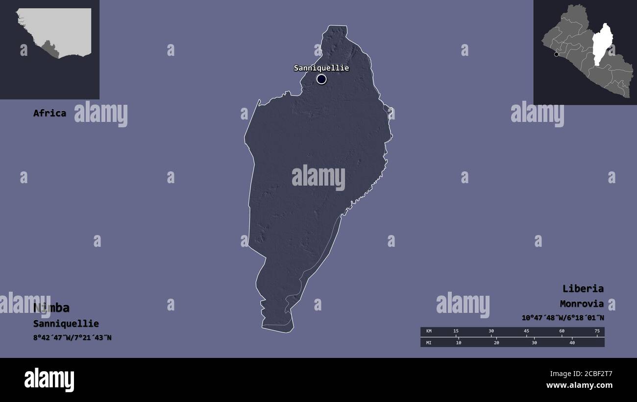Shape of Nimba, county of Liberia, and its capital. Distance scale ...