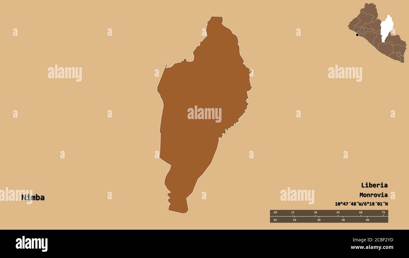 Shape of Nimba, county of Liberia, with its capital isolated on solid ...