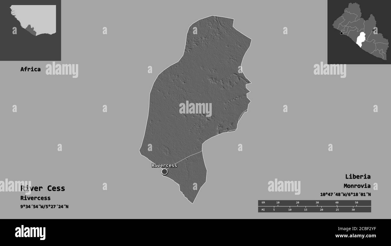 Shape of River Cess, county of Liberia, and its capital. Distance scale ...
