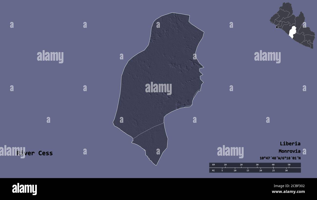 Shape of River Cess, county of Liberia, with its capital isolated on ...