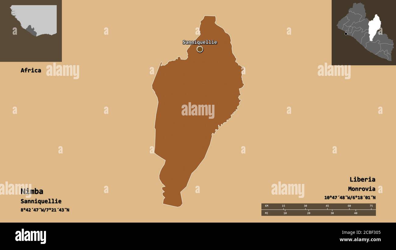 Shape of Nimba, county of Liberia, and its capital. Distance scale ...