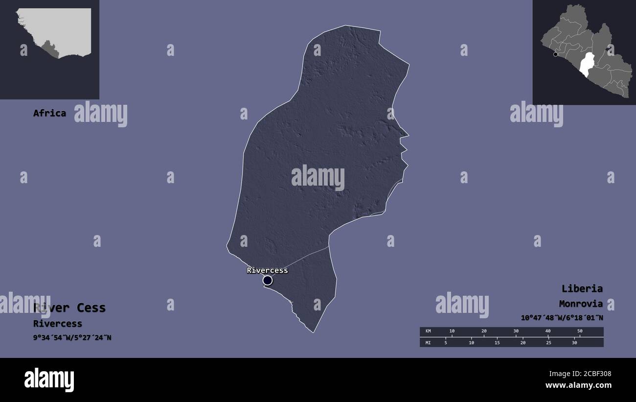 Shape of River Cess, county of Liberia, and its capital. Distance scale ...