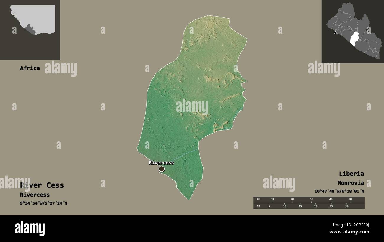 Shape of River Cess, county of Liberia, and its capital. Distance scale ...