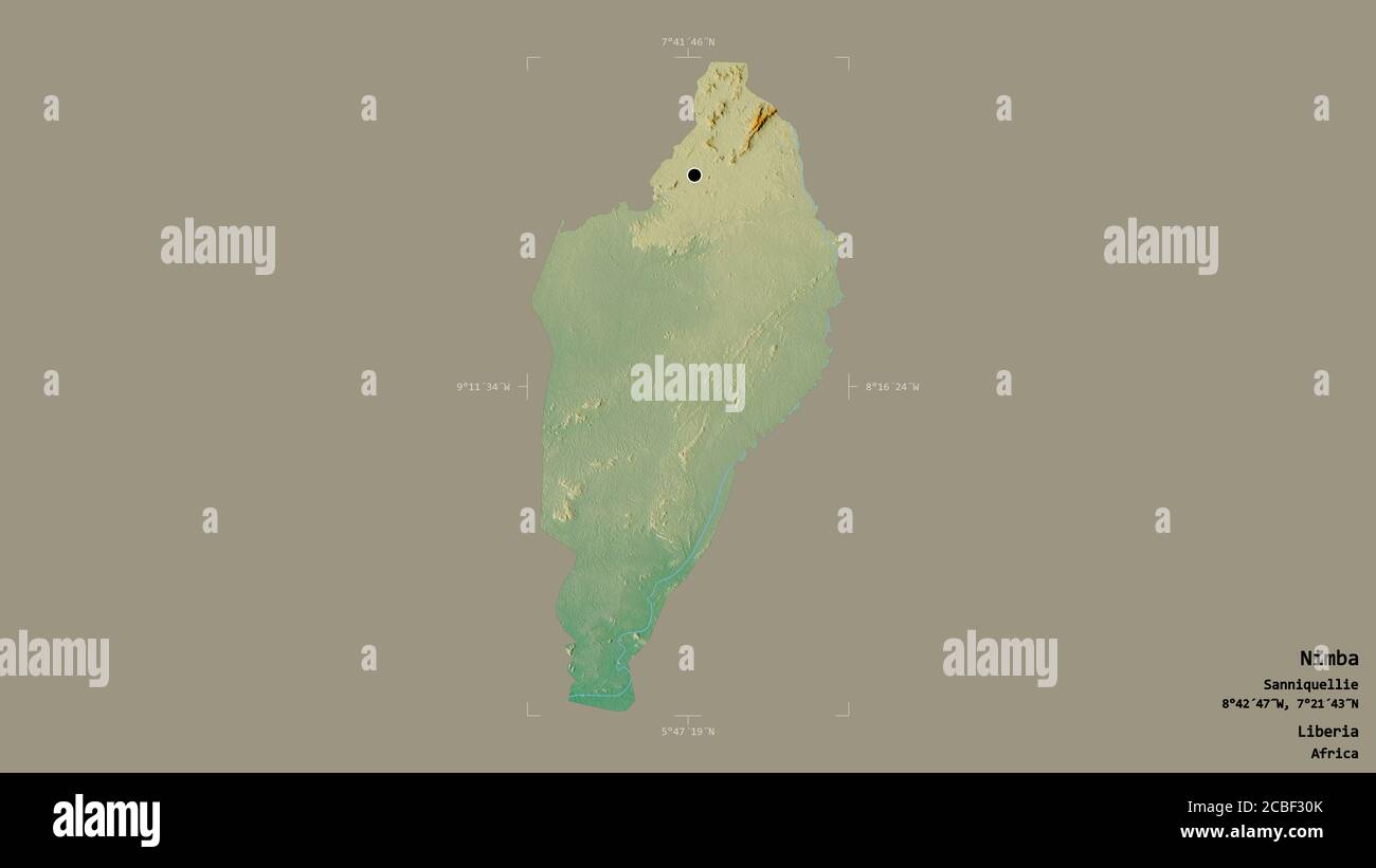 Area of Nimba, county of Liberia, isolated on a solid background in a ...