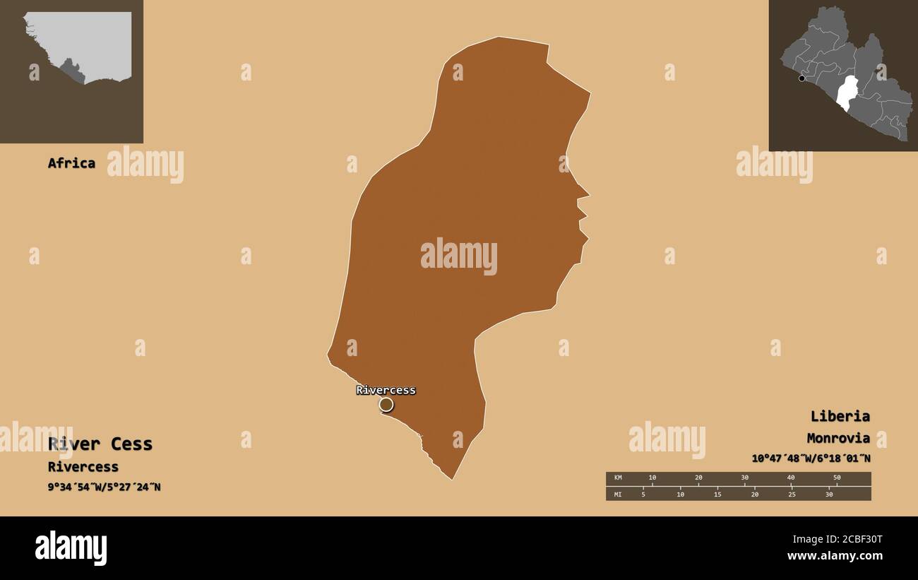 Shape of River Cess, county of Liberia, and its capital. Distance scale ...