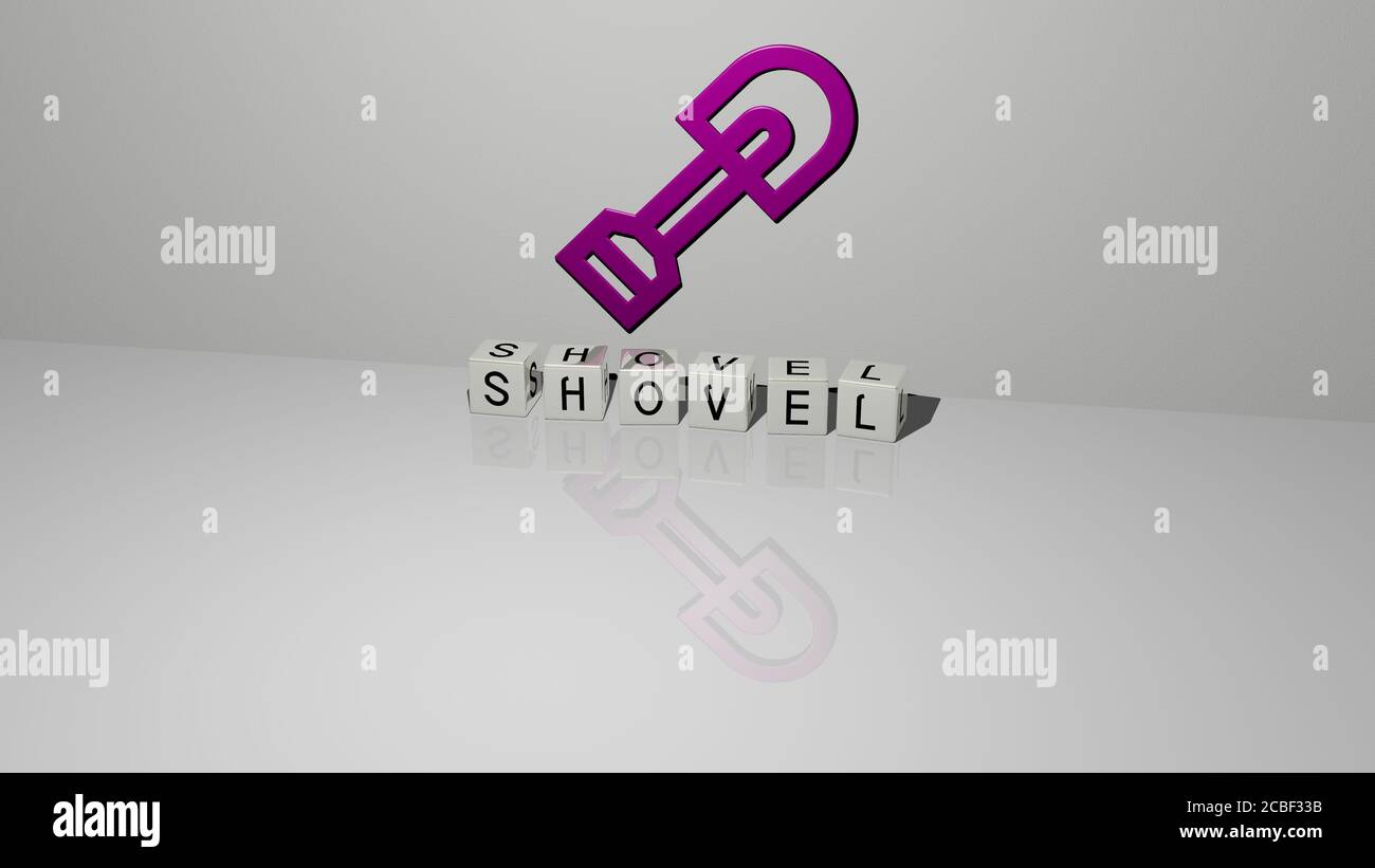SHOVEL text of cubic dice letters on the floor and 3D icon on the wall ...