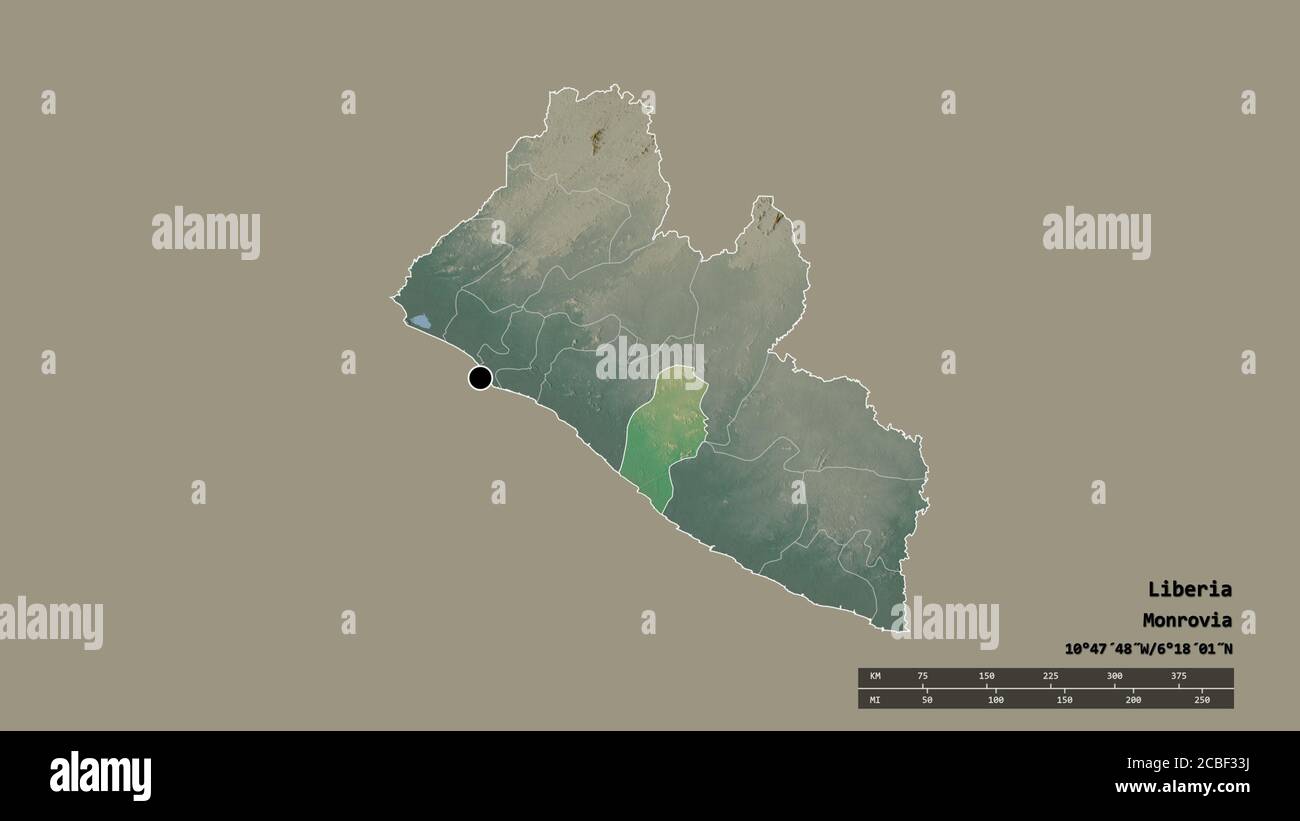 Desaturated shape of Liberia with its capital, main regional division ...