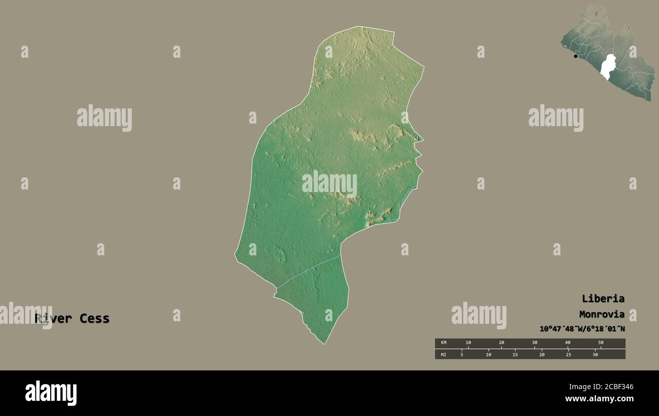 Shape of River Cess, county of Liberia, with its capital isolated on ...