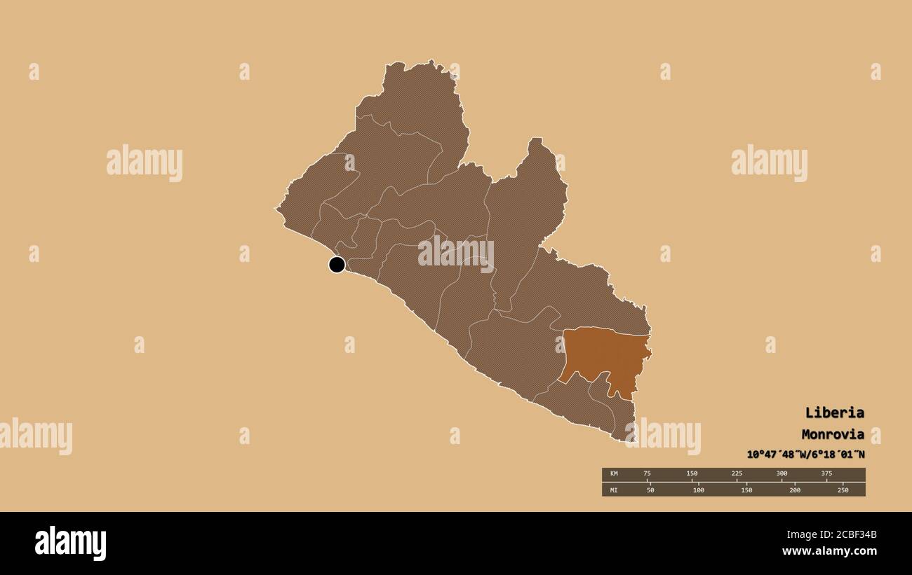 Desaturated shape of Liberia with its capital, main regional division ...