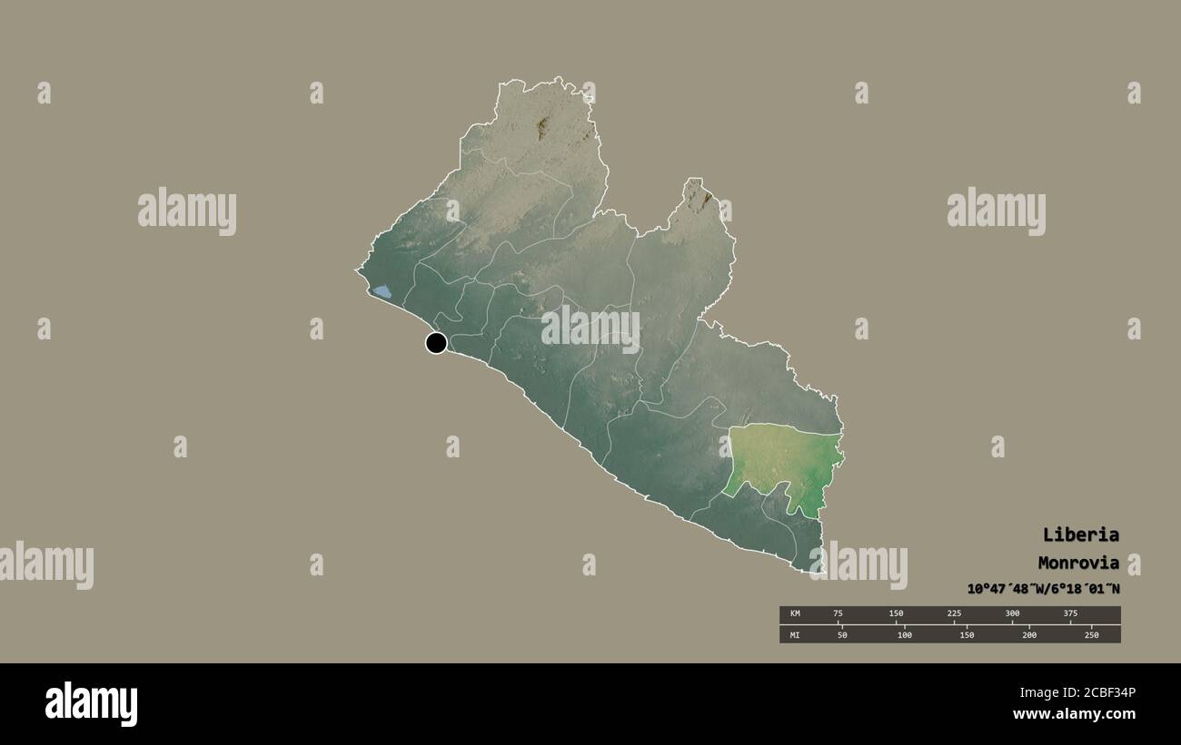 Desaturated shape of Liberia with its capital, main regional division ...