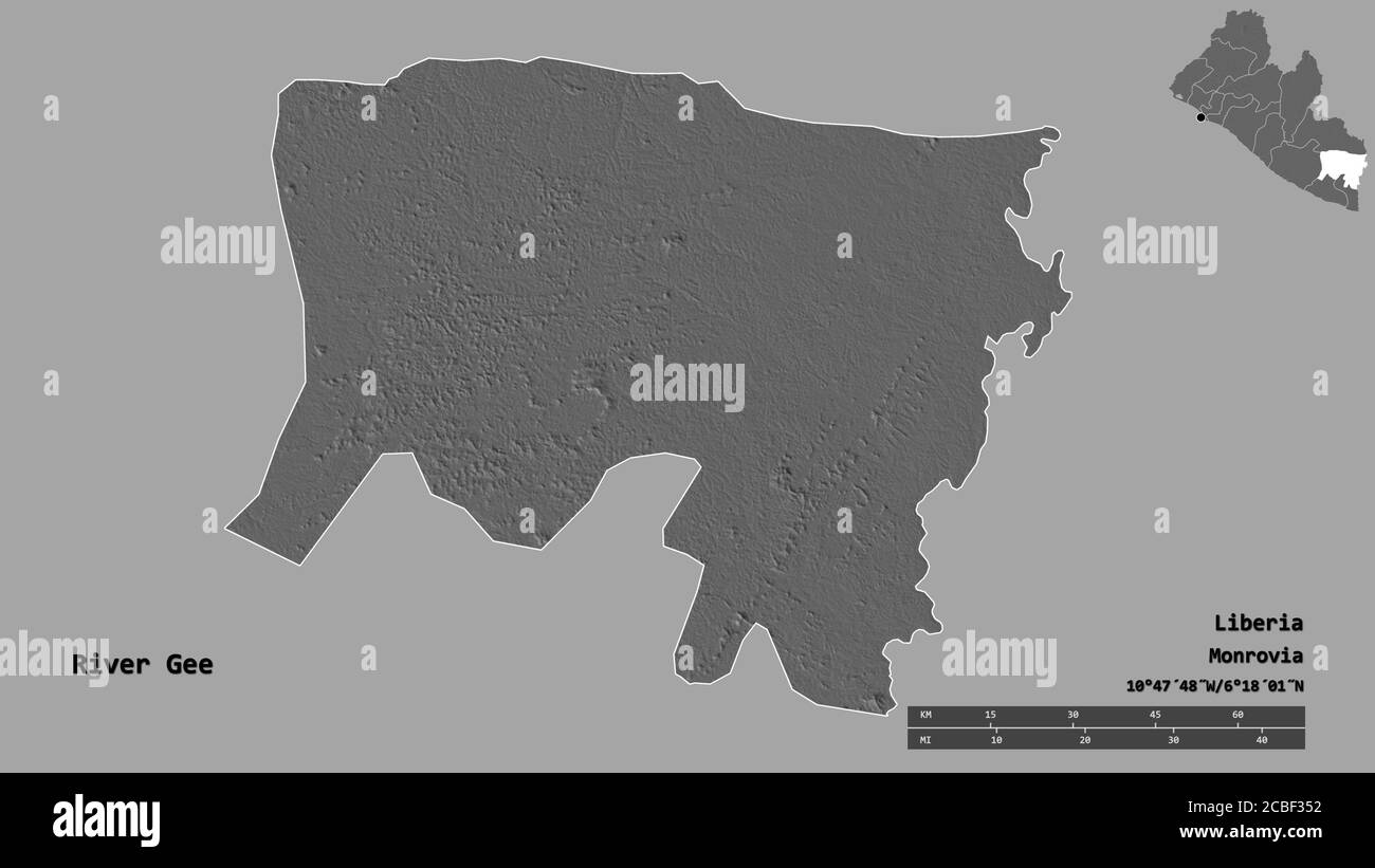 Shape of River Gee, county of Liberia, with its capital isolated on ...
