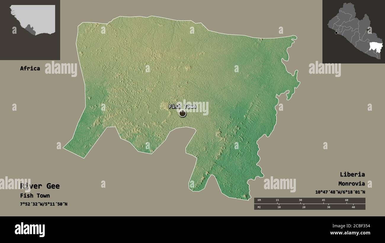 Shape of River Gee, county of Liberia, and its capital. Distance scale ...