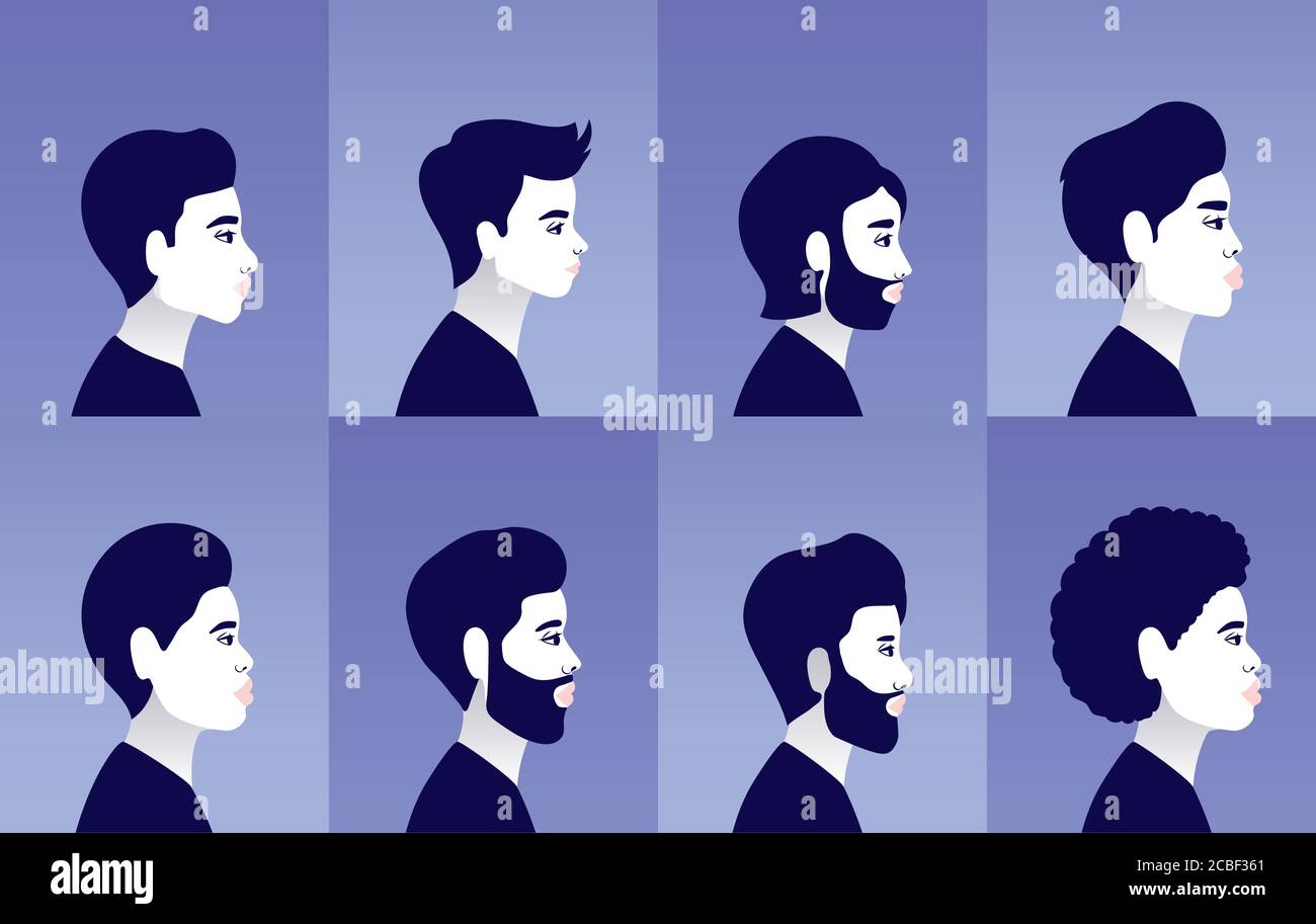 diversity men cartoons in side view in blue frames background design ...