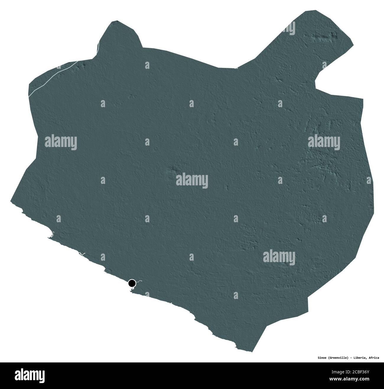 Shape of Sinoe, county of Liberia, with its capital isolated on white ...
