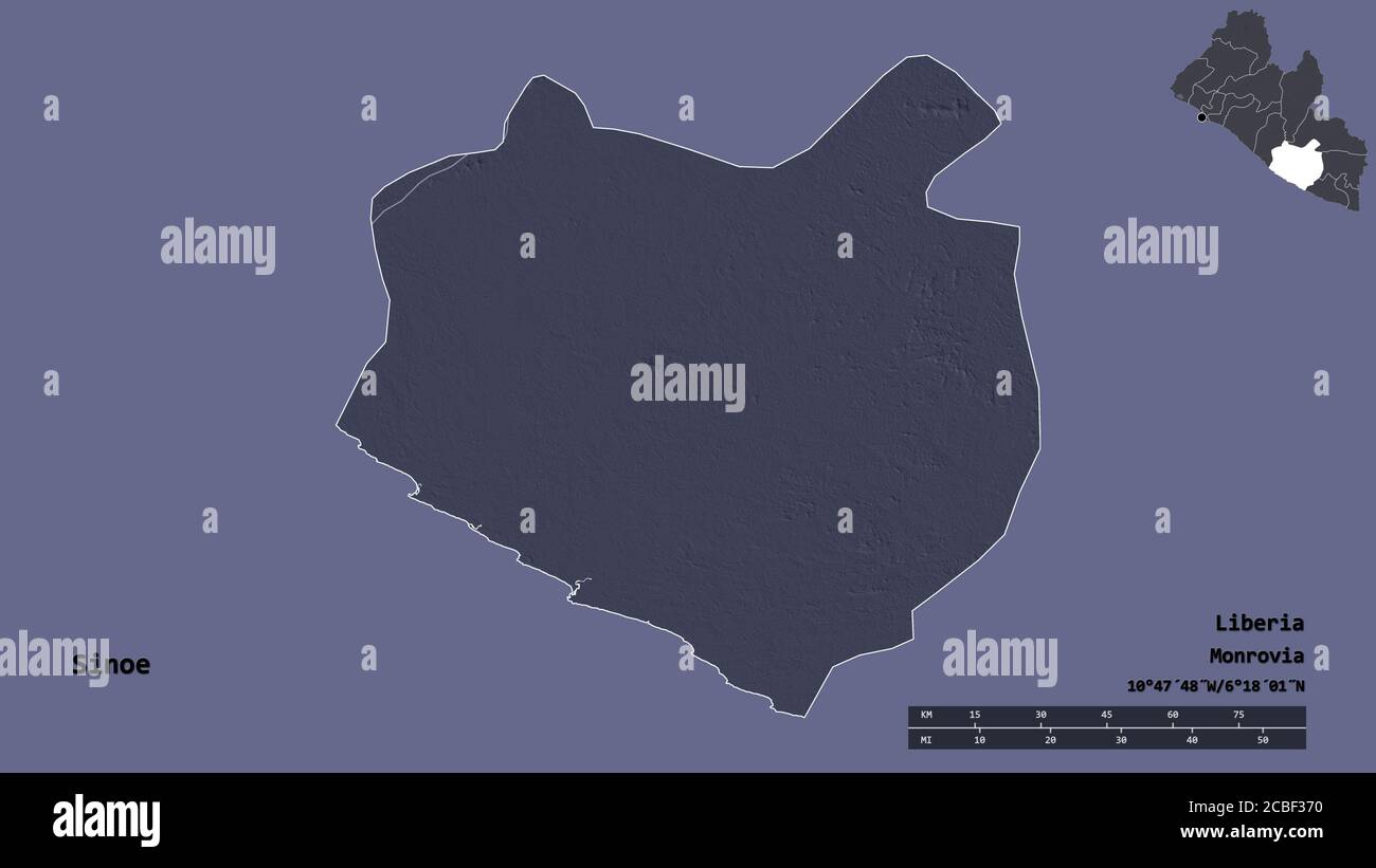 Shape of Sinoe, county of Liberia, with its capital isolated on solid ...
