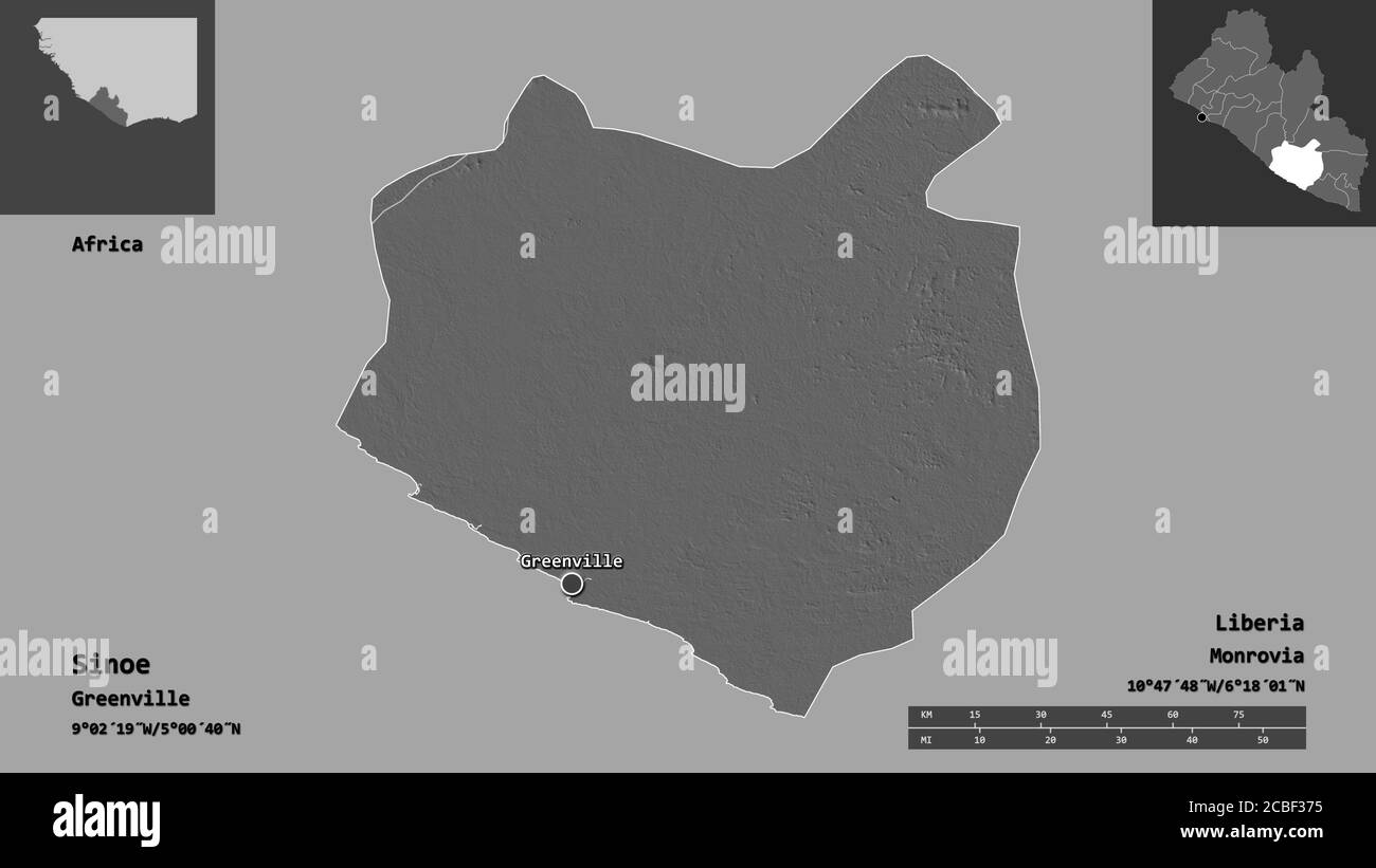 Shape of Sinoe, county of Liberia, and its capital. Distance scale ...
