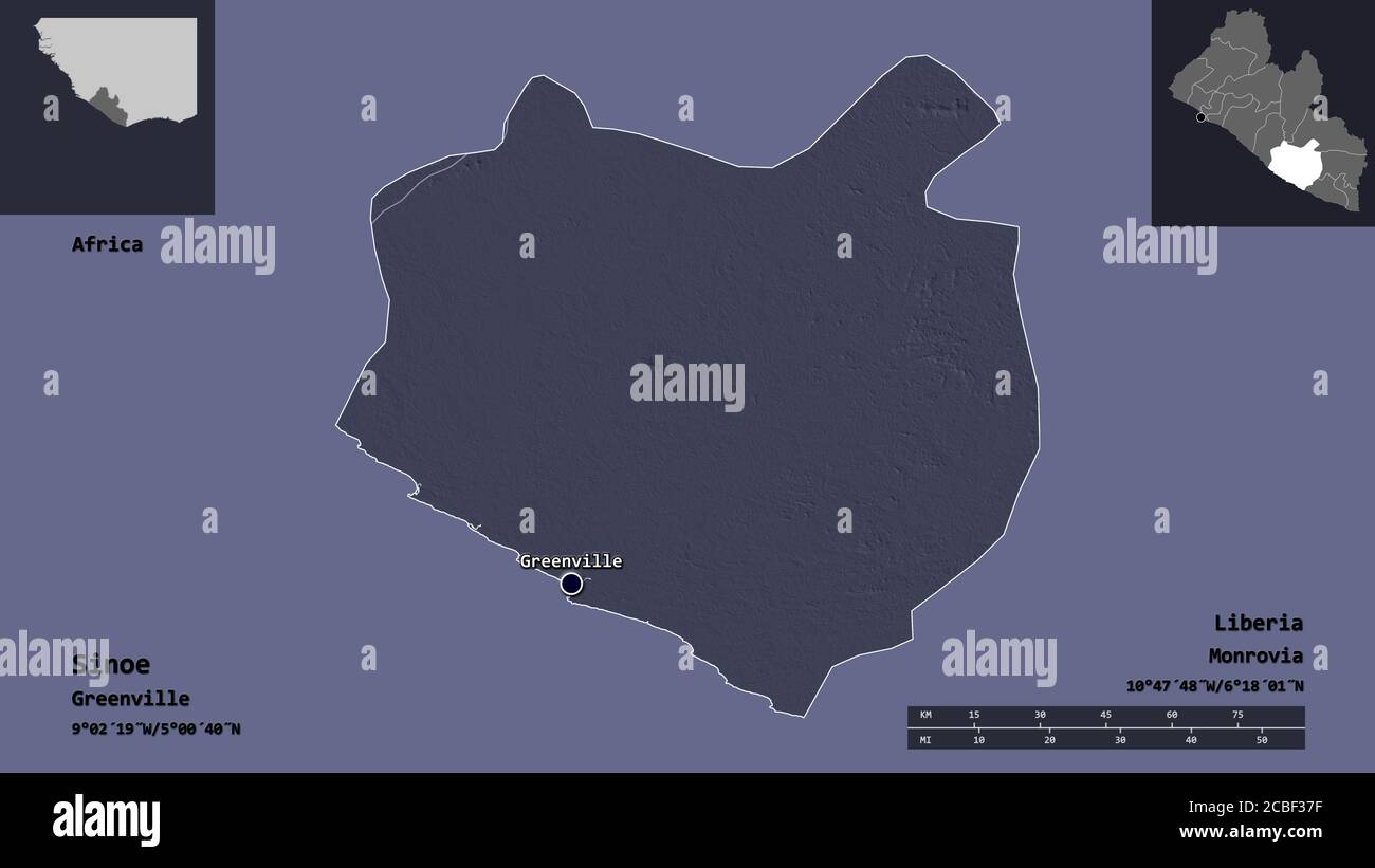Shape of Sinoe, county of Liberia, and its capital. Distance scale ...