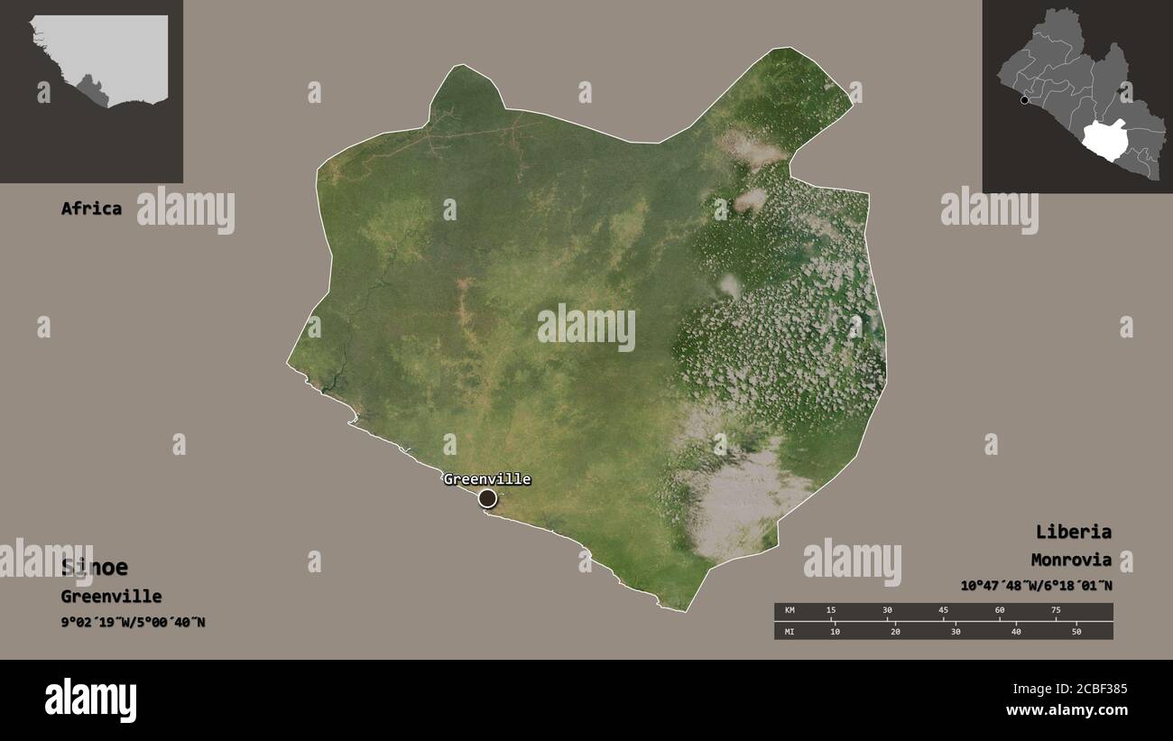 Shape of Sinoe, county of Liberia, and its capital. Distance scale ...