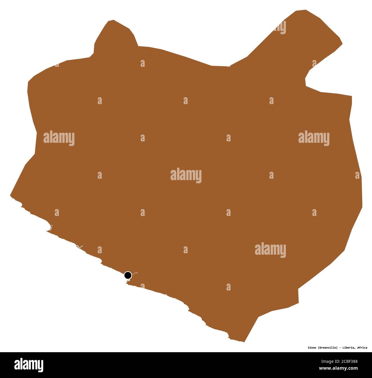 Shape of Sinoe, county of Liberia, with its capital isolated on white ...