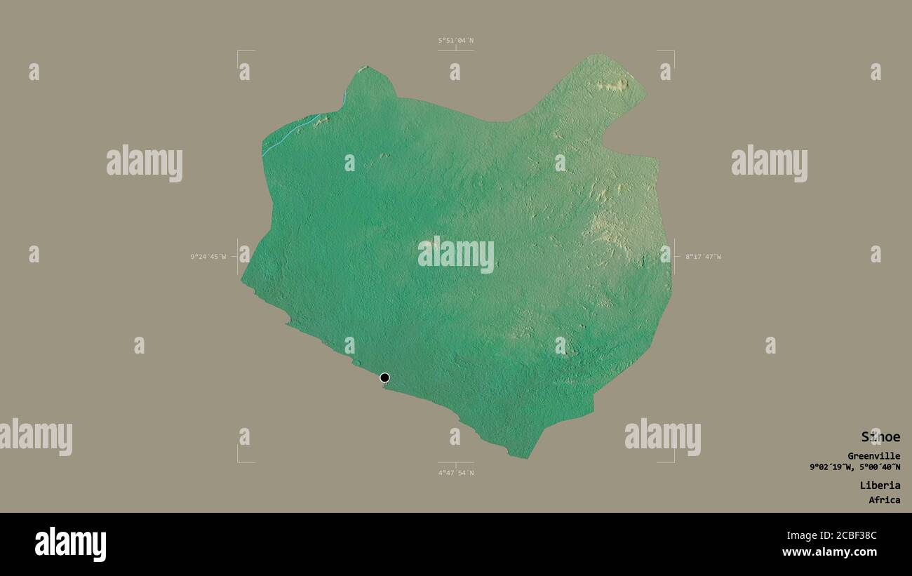 Area of Sinoe, county of Liberia, isolated on a solid background in a ...