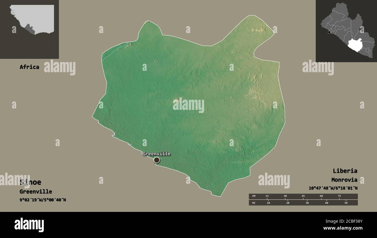 Shape of Sinoe, county of Liberia, and its capital. Distance scale ...
