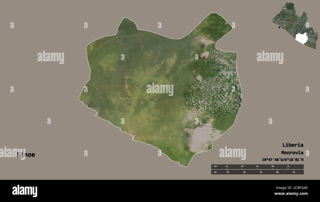 Shape of Sinoe, county of Liberia, with its capital isolated on solid ...