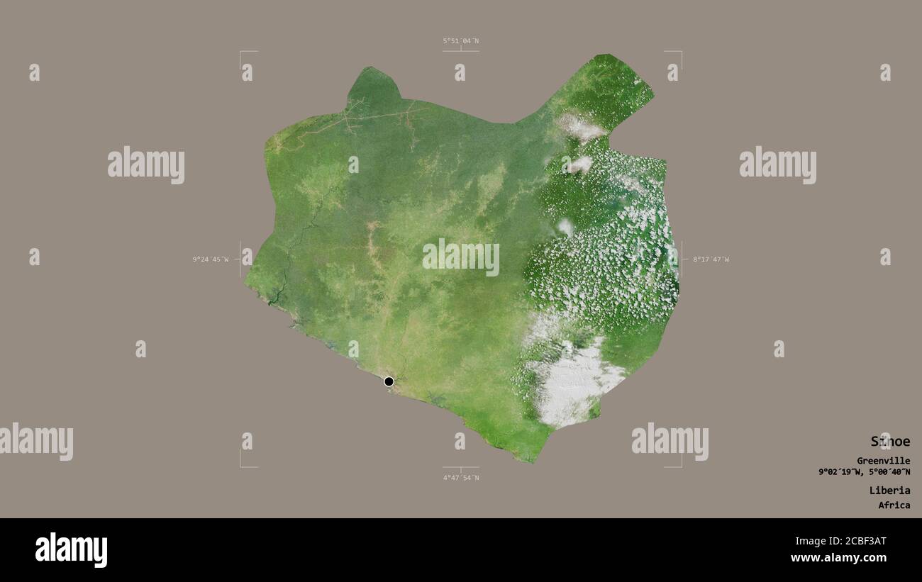 Area of Sinoe, county of Liberia, isolated on a solid background in a ...