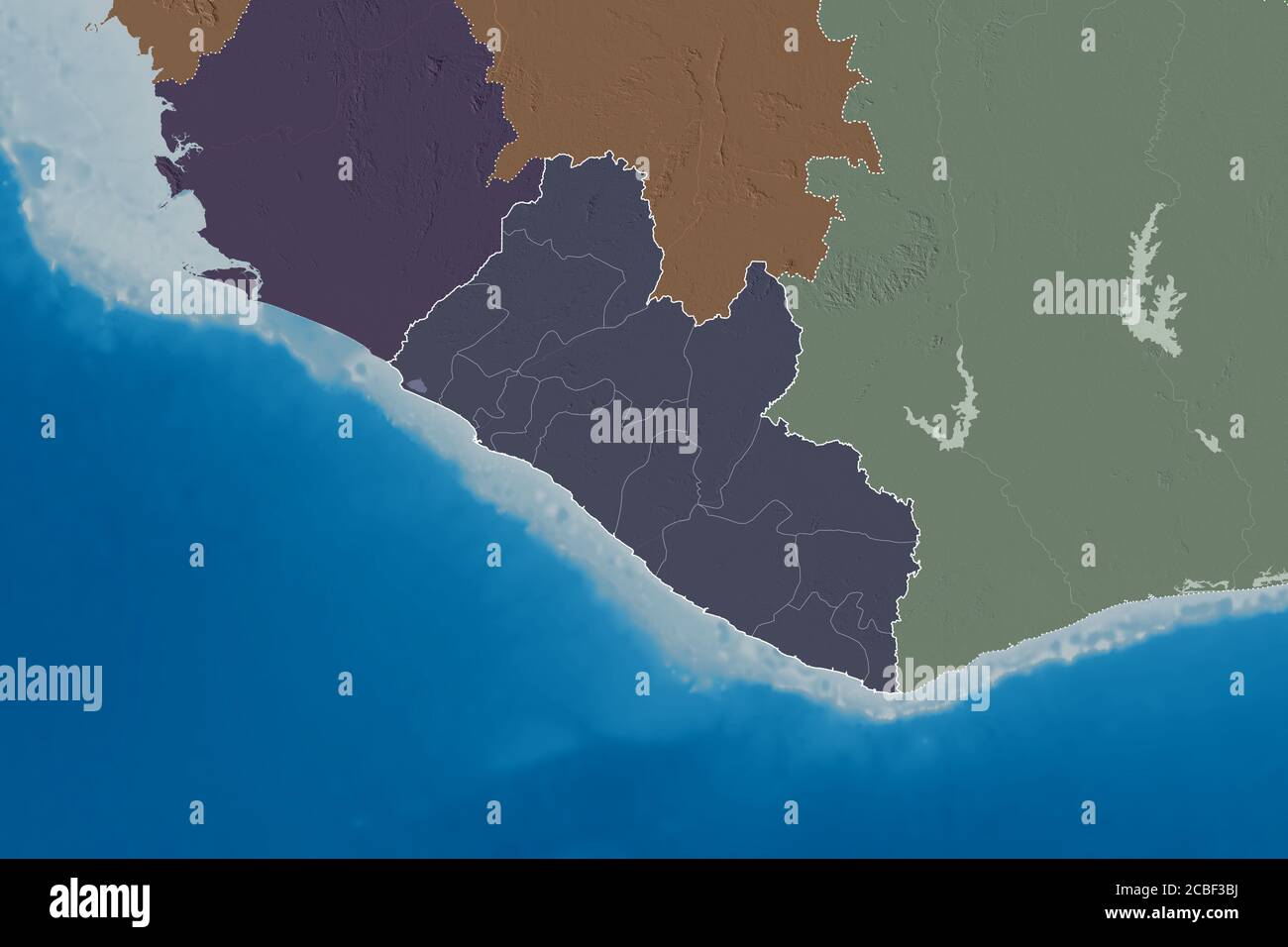 Extended area of Liberia with country outline, international and ...