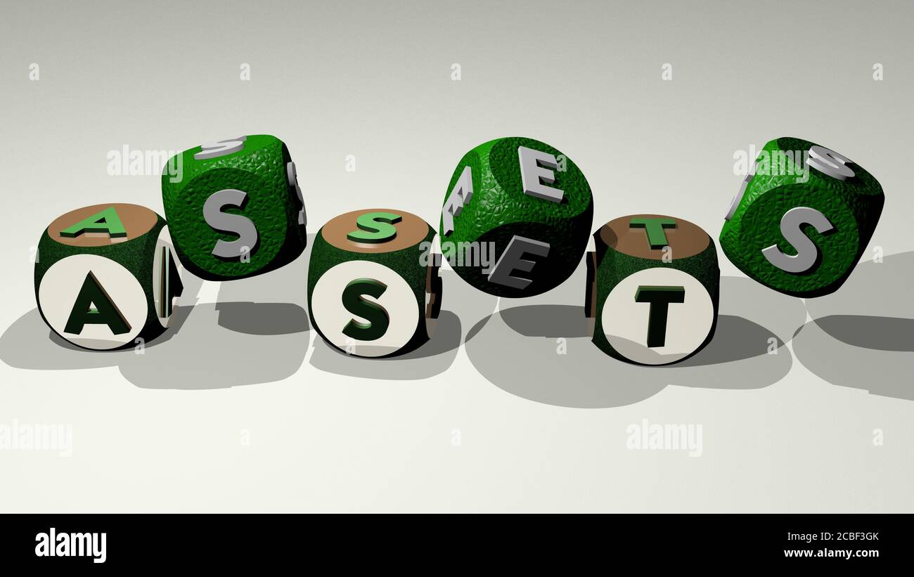 assets text by dancing dice letters - 3D illustration for business and ...