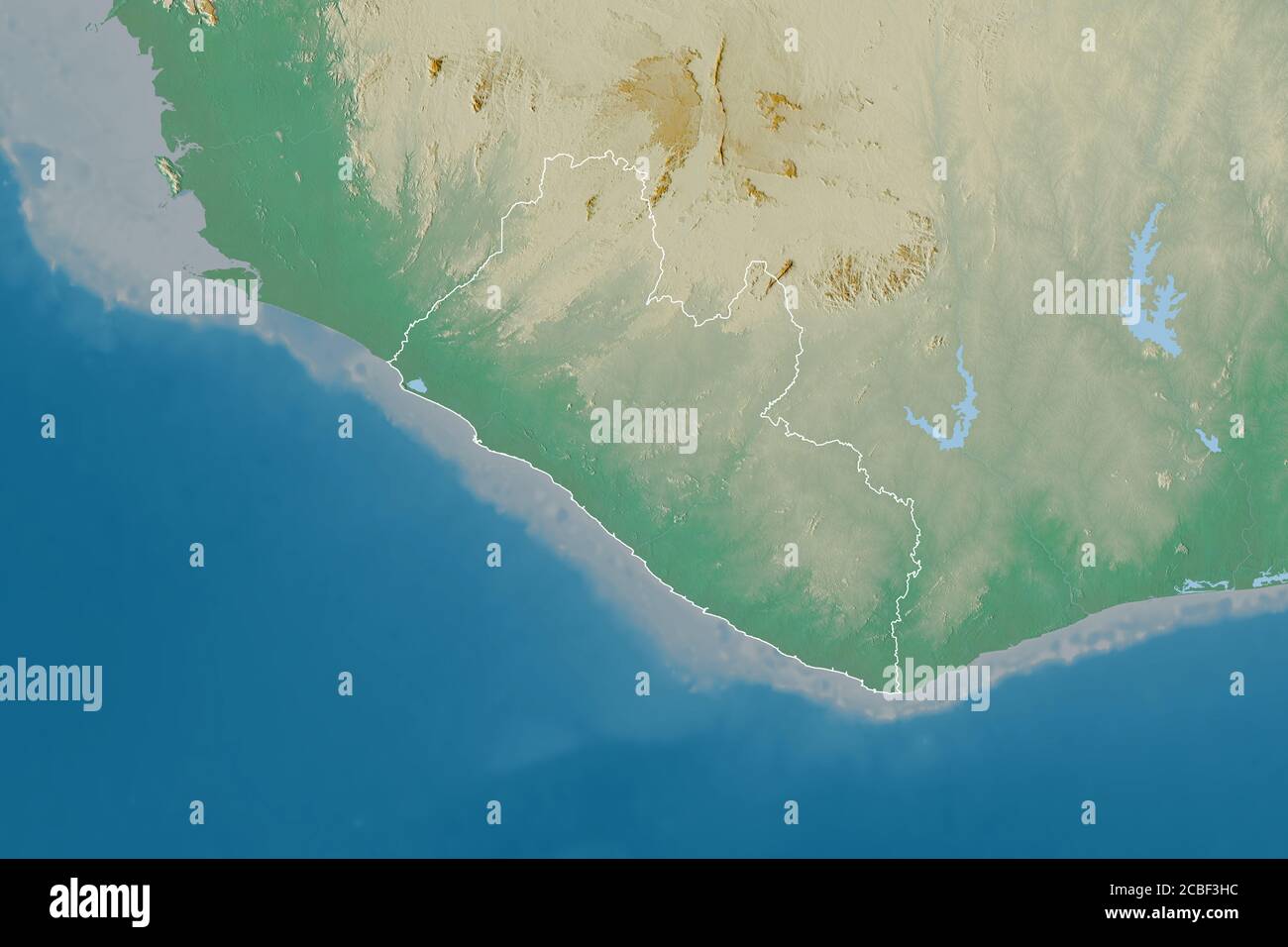 Extended area of outlined Liberia. Topographic relief map. 3D rendering ...