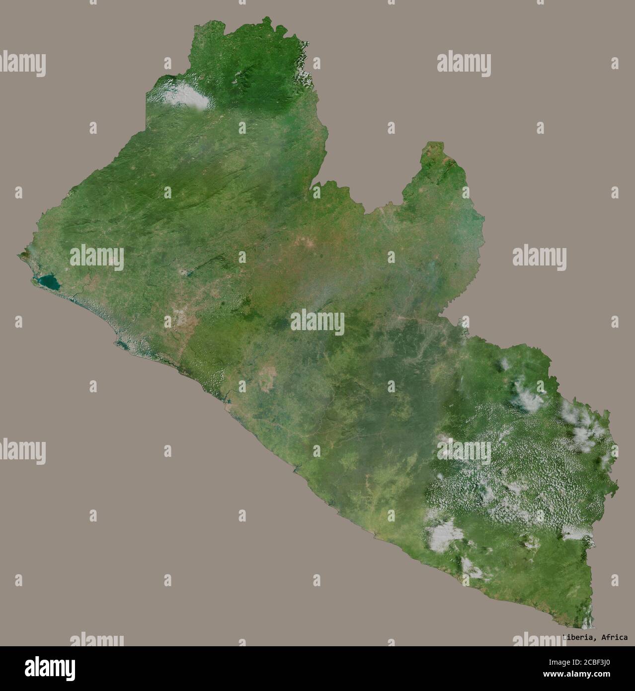 Shape of Liberia with its capital isolated on a solid color background ...