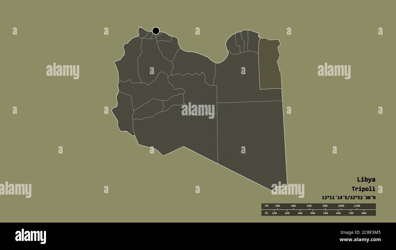Desaturated shape of Libya with its capital, main regional division and ...