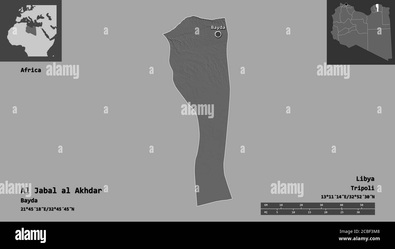 Shape of Al Jabal al Akhdar, district of Libya, and its capital ...