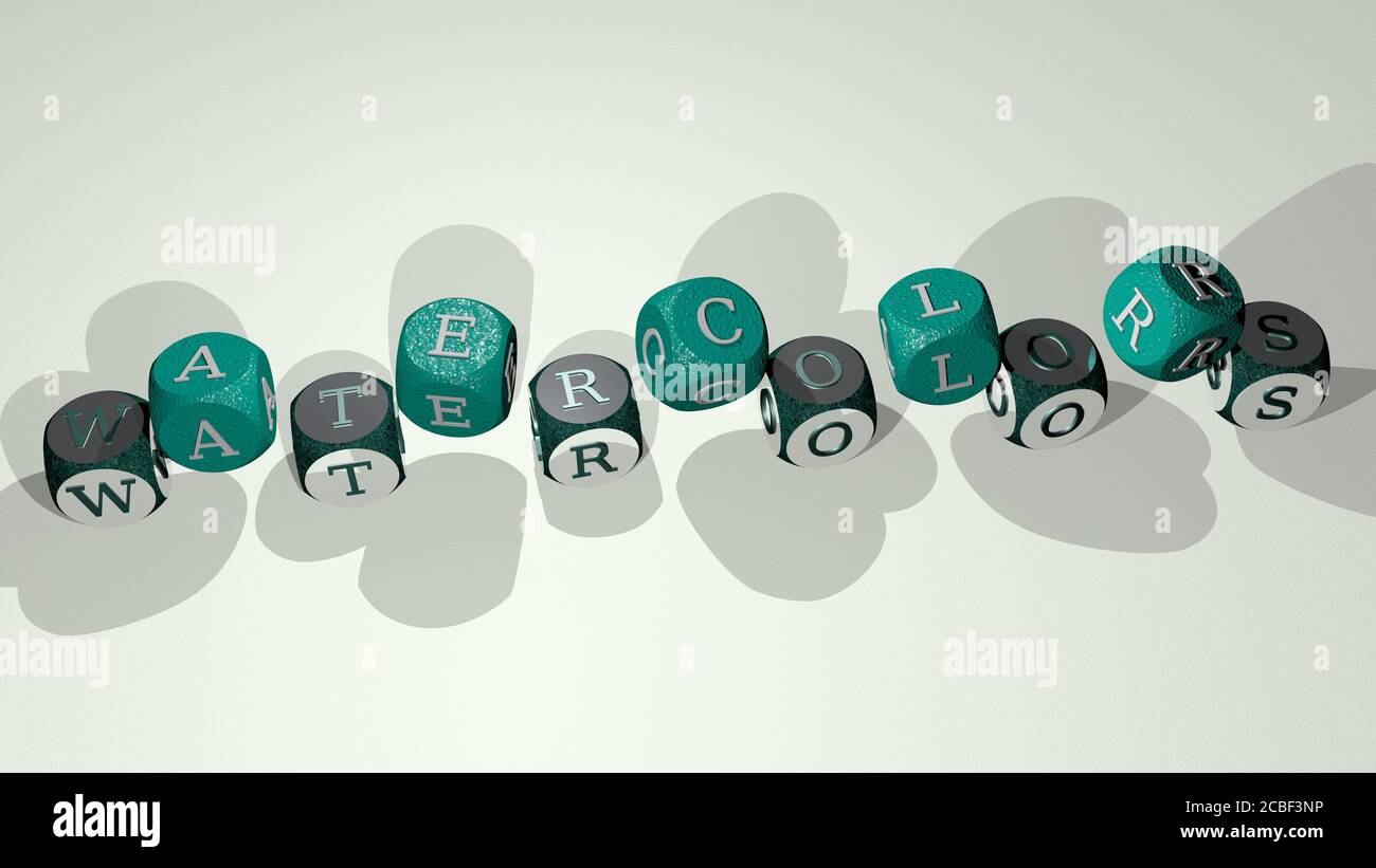WATERCOLORS text by dancing dice letters - 3D illustration for ...